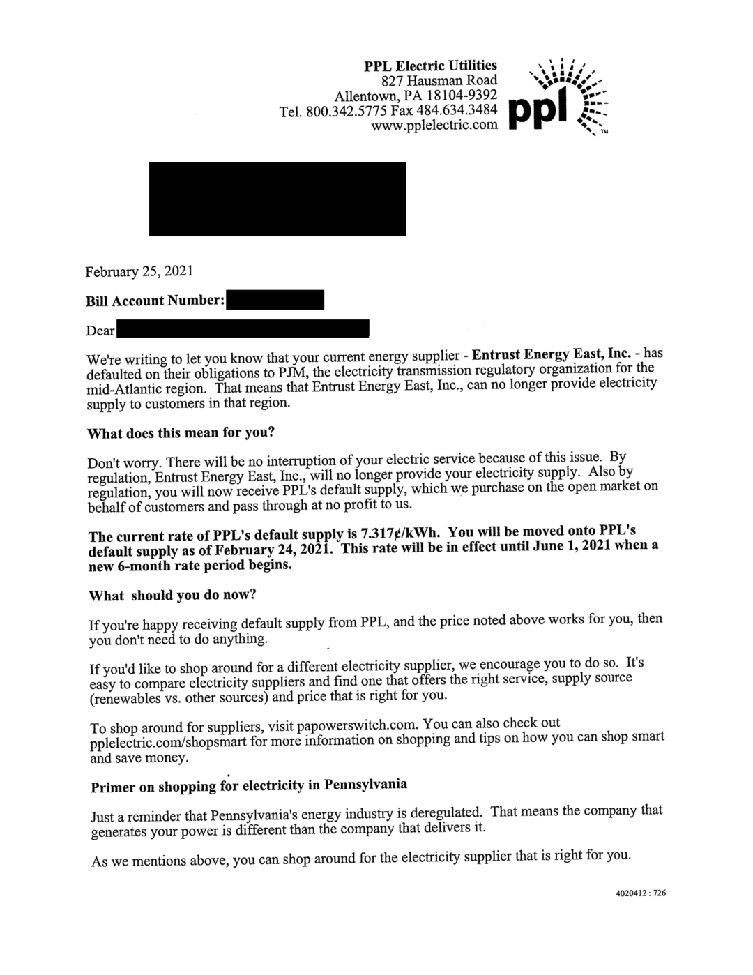 PPL Notice: Entrust Energy Defaulted on Obligations to PJM
